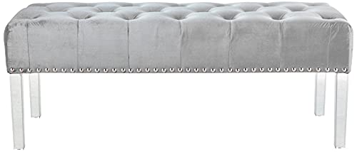 Roundhill Furniture Valley Button Tufted Velvet Upholstered Bench with Acrylic Leg, Grey