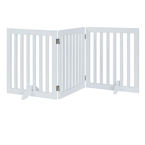 unipaws Freestanding Wooden Pet Gate for Dog and Cat, 24" H and 36" H Foldable Dog Gate with 2PCS Support Feet for Doorway, Halls, Stairs, White, Indoor Use