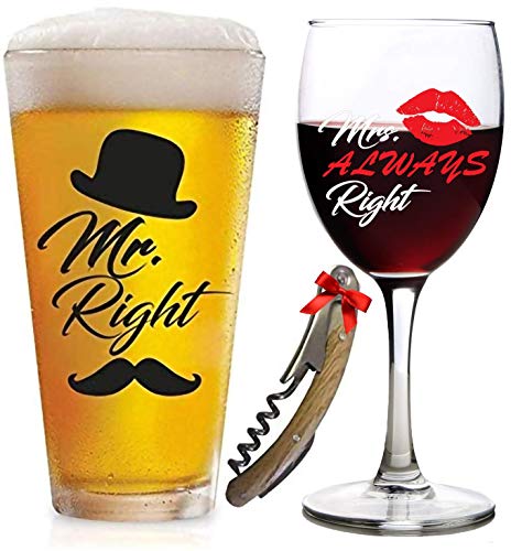 Funny Wedding Gifts | Mr. Right and Mrs. Always Right Glasses Beer & Wine Glass | For Engagement, Gifts for Couples, Anniversary, Newlyweds, Bridal Shower, Bachelorette, Valentines Day, Couples Unique