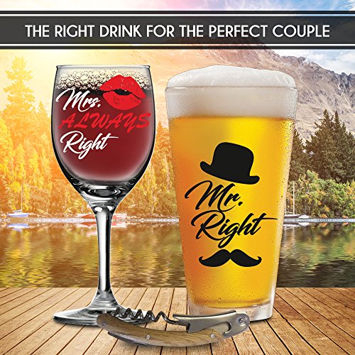 Funny Wedding Gifts | Mr. Right and Mrs. Always Right Glasses Beer & Wine Glass | For Engagement, Gifts for Couples, Anniversary, Newlyweds, Bridal Shower, Bachelorette, Valentines Day, Couples Unique