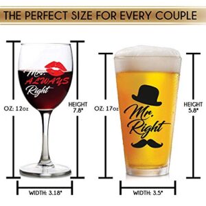 Funny Wedding Gifts | Mr. Right and Mrs. Always Right Glasses Beer & Wine Glass | For Engagement, Gifts for Couples, Anniversary, Newlyweds, Bridal Shower, Bachelorette, Valentines Day, Couples Unique