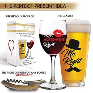 Funny Wedding Gifts | Mr. Right and Mrs. Always Right Glasses Beer & Wine Glass | For Engagement, Gifts for Couples, Anniversary, Newlyweds, Bridal Shower, Bachelorette, Valentines Day, Couples Unique