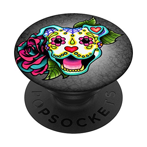 Smiling Pitbull in White - Day of the Dead Sugar Skull Dog PopSockets PopGrip: Swappable Grip for Phones & Tablets