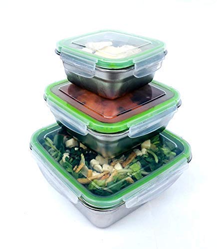 JaceBox Stainless Steel Containers - Adults Kids Square Set of 3 Leak Proof Bento Box Airtight Freezer Safe BPA FREE Metal Boxes New Snap On Latch Lids For Sandwiches Salads & Snacks by JaceBox