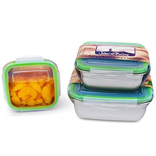 JaceBox Stainless Steel Containers - Adults Kids Square Set of 3 Leak Proof Bento Box Airtight Freezer Safe BPA FREE Metal Boxes New Snap On Latch Lids For Sandwiches Salads & Snacks by JaceBox