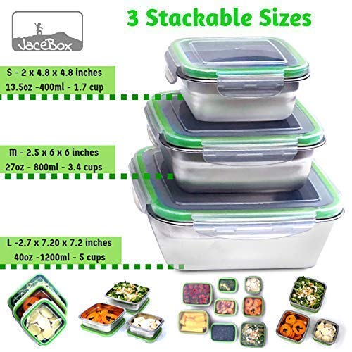 JaceBox Stainless Steel Containers - Adults Kids Square Set of 3 Leak Proof Bento Box Airtight Freezer Safe BPA FREE Metal Boxes New Snap On Latch Lids For Sandwiches Salads & Snacks by JaceBox