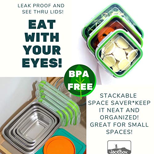 JaceBox Stainless Steel Containers - Adults Kids Square Set of 3 Leak Proof Bento Box Airtight Freezer Safe BPA FREE Metal Boxes New Snap On Latch Lids For Sandwiches Salads & Snacks by JaceBox