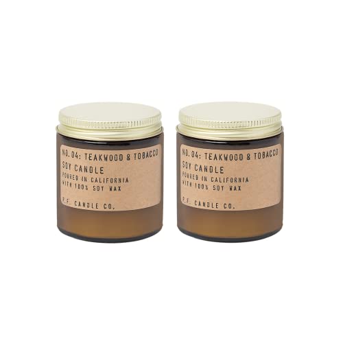 P.F. Candle Co. Teakwood & Tobacco Classic Mini Scented Soy Wax Travel Candle (Pack of 2) (3.5 oz) 20-25 Hour Burn Time, Cotton Wick, Amber Glass Jar