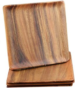 pacific merchants acaciaware acacia wood 12" square plate, set of 4, serving tray, square charger plate, sustainable, hand made, hawaiian history