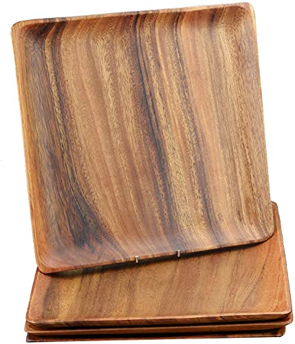 PACIFIC MERCHANTS Acaciaware Acacia Wood 12" Square Plate, Set of 4, Serving Tray, Square Charger Plate, Sustainable, Hand Made, Hawaiian History