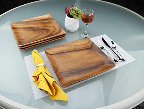 PACIFIC MERCHANTS Acaciaware Acacia Wood 12" Square Plate, Set of 4, Serving Tray, Square Charger Plate, Sustainable, Hand Made, Hawaiian History