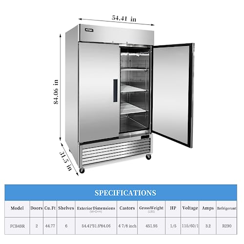 KITMA 54‘’ Commercial Refrigerators - 2 Solid Door Commercial Refrigerator Stainless Steel Double Door Fridge, 44.77 Cu.Ft