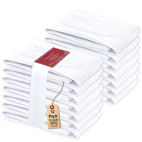 RUVANTI Flour Sack Towels 12 Pack 28"x28", Ring Spun 100% Cotton Flour Sack Dish Towels, Machine Washable, Absorbent Tea Towels - Flour Sack Kitchen Towels for Drying & Cleaning - White