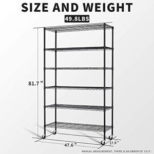 Storage Metal Shelf Wire Shelving Unit with Wheels 82"x48"x18" Sturdy Steel Heavy Duty 6 Tier Layer Rack with Casters for Restaurant Garage Pantry Kitchen Garage Rack Black