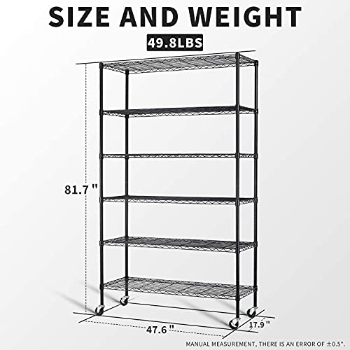 Storage Metal Shelf Wire Shelving Unit with Wheels 82"x48"x18" Sturdy Steel Heavy Duty 6 Tier Layer Rack with Casters for Restaurant Garage Pantry Kitchen Garage Rack Black