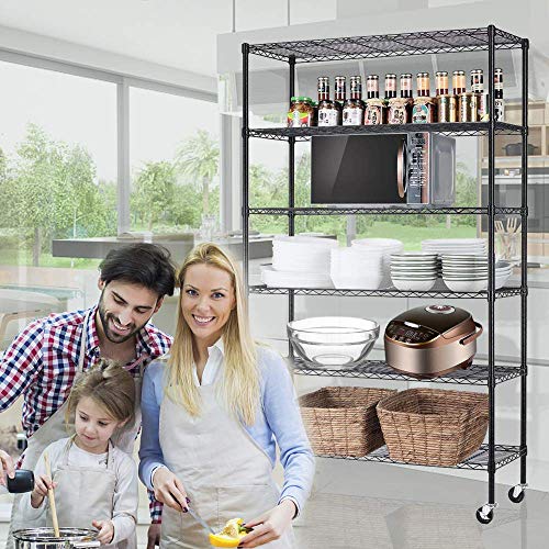 Storage Metal Shelf Wire Shelving Unit with Wheels 82"x48"x18" Sturdy Steel Heavy Duty 6 Tier Layer Rack with Casters for Restaurant Garage Pantry Kitchen Garage Rack Black