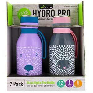 reduce Stainless Steel Hydro Pro Kids Water Bottle, 14oz - Vacuum Insulated Leak Proof Water Bottle for Kids - Great for On the Go and Lunchboxes - Furry Friends Design, Purple Bear and Grey Sheep