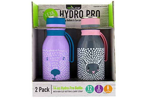 reduce Stainless Steel Hydro Pro Kids Water Bottle, 14oz - Vacuum Insulated Leak Proof Water Bottle for Kids - Great for On the Go and Lunchboxes - Furry Friends Design, Purple Bear and Grey Sheep