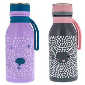 reduce stainless steel hydro pro kids water bottle, 14oz - vacuum insulated leak proof water bottle for kids - great for on the go and lunchboxes - furry friends design, purple bear and grey sheep