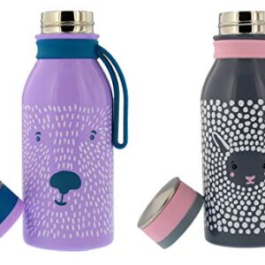 reduce Stainless Steel Hydro Pro Kids Water Bottle, 14oz - Vacuum Insulated Leak Proof Water Bottle for Kids - Great for On the Go and Lunchboxes - Furry Friends Design, Purple Bear and Grey Sheep