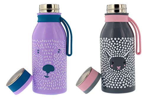 reduce Stainless Steel Hydro Pro Kids Water Bottle, 14oz - Vacuum Insulated Leak Proof Water Bottle for Kids - Great for On the Go and Lunchboxes - Furry Friends Design, Purple Bear and Grey Sheep