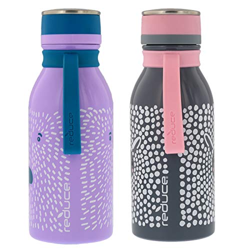 reduce Stainless Steel Hydro Pro Kids Water Bottle, 14oz - Vacuum Insulated Leak Proof Water Bottle for Kids - Great for On the Go and Lunchboxes - Furry Friends Design, Purple Bear and Grey Sheep