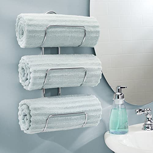 mDesign Modern Decorative Metal 3-Level Wall Mount Towel Rack Holder and Organizer for Storage of Bathroom Towels, Washcloths, Hand Towels - 2 Pack - Chrome