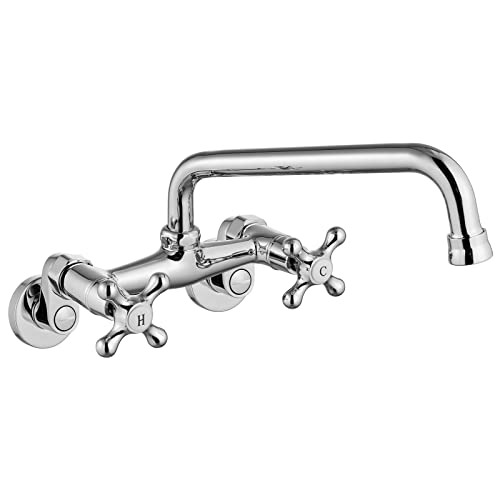 Wall Mount Kitchen Faucet Polish Chrome Double Cross Handle Commercial 3 Inch to 9 Inch Adjustable Hole Distance Spread Silver Mixer Tap 9 inch Spout Reach