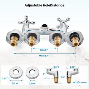 Wall Mount Kitchen Faucet Polish Chrome Double Cross Handle Commercial 3 Inch to 9 Inch Adjustable Hole Distance Spread Silver Mixer Tap 9 inch Spout Reach