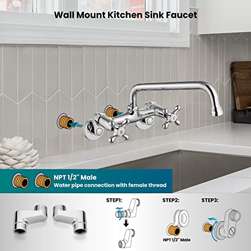 Wall Mount Kitchen Faucet Polish Chrome Double Cross Handle Commercial 3 Inch to 9 Inch Adjustable Hole Distance Spread Silver Mixer Tap 9 inch Spout Reach