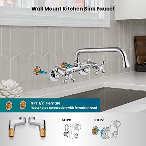 Wall Mount Kitchen Faucet Polish Chrome Double Cross Handle Commercial 3 Inch to 9 Inch Adjustable Hole Distance Spread Silver Mixer Tap 9 inch Spout Reach