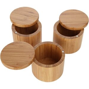 Lily's Home Round Bamboo Jar, Salt and Spices Storage Containers, Small 6oz Salt Box With Magnetic Lock. Set of 3 Wood Boxes