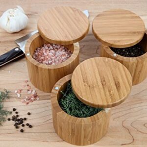 Lily's Home Round Bamboo Jar, Salt and Spices Storage Containers, Small 6oz Salt Box With Magnetic Lock. Set of 3 Wood Boxes