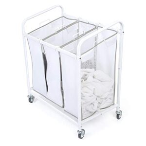 smart design premium rolling 3 compartment mesh laundry sorter hamper w/wheels & handles - steel metal frame - ventilair fabric design - clothes & laundry - home organization (holds 9 loads) [white]