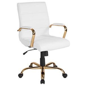 flash furniture whitney mid-back desk chair - white leathersoft executive swivel office chair with gold frame - swivel arm chair