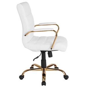 Flash Furniture Whitney Mid-Back Desk Chair - White LeatherSoft Executive Swivel Office Chair with Gold Frame - Swivel Arm Chair