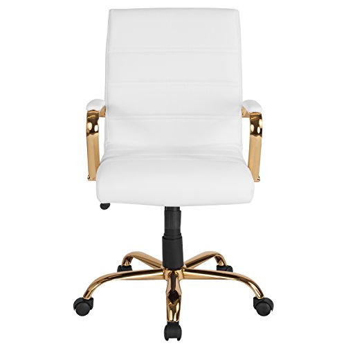 Flash Furniture Whitney Mid-Back Desk Chair - White LeatherSoft Executive Swivel Office Chair with Gold Frame - Swivel Arm Chair