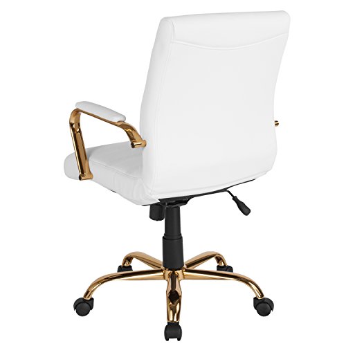 Flash Furniture Whitney Mid-Back Desk Chair - White LeatherSoft Executive Swivel Office Chair with Gold Frame - Swivel Arm Chair