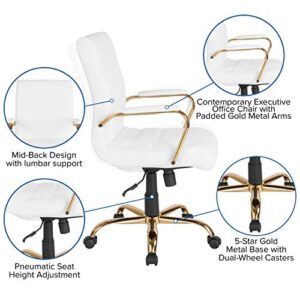 Flash Furniture Whitney Mid-Back Desk Chair - White LeatherSoft Executive Swivel Office Chair with Gold Frame - Swivel Arm Chair