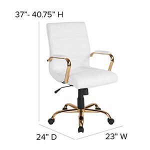 Flash Furniture Whitney Mid-Back Desk Chair - White LeatherSoft Executive Swivel Office Chair with Gold Frame - Swivel Arm Chair