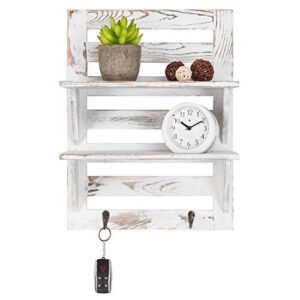 MyGift 2-Tier Whitewashed Wood Wall Mounted Shelf Rack with Key Hooks, Entryway Storage Display Shelves, Bathroom Shelving and Towel Hooks, 7 x 13-Inches