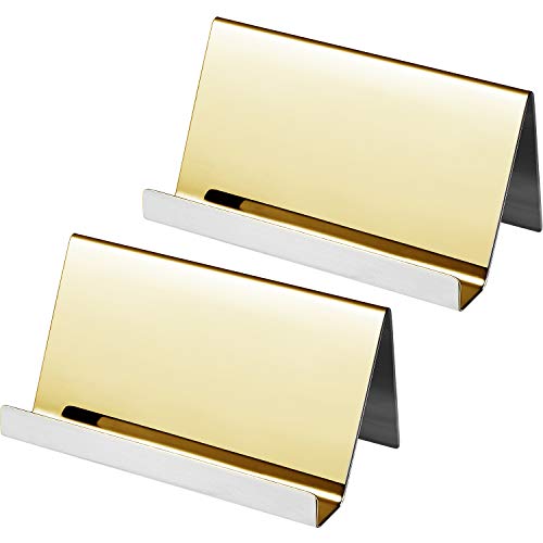 Maxdot 2 Pack Stainless Steel Business Cards Holders Desktop Card Display Business Card Rack Organizer (Champagne Gold)