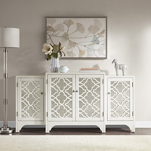 Madison Park Verona Media Console Cabinet - Modern Mid-Century, Quaterfoil Mirrored Door Design Buffet/Sideboard Accent Living Room Furniture, 68" Wide, White