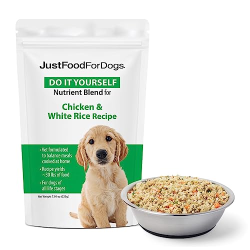 JustFoodForDogs DIY Human Quality Dog Food, Nutrient Blend Base Mix for Dogs - Chicken and White Rice Recipe (7.93oz) -Packaging May Vary