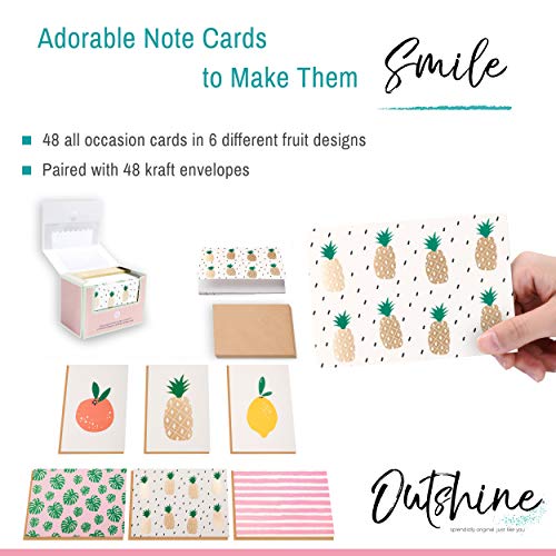 OUTSHINE Blank Notecards and Envelopes Set in Cute Storage Box - 48 (Fruit) 3.5" x 5" | Bulk Blank Note cards with Envelopes for All Occasion | Small Greeting, Stationary, Birthday, Thank You Cards