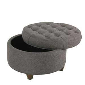 Homepop Home Decor | Large Button Tufted Woven Round Storage Ottoman | Ottoman with Storage for Living Room & Bedroom (Dark Gray)