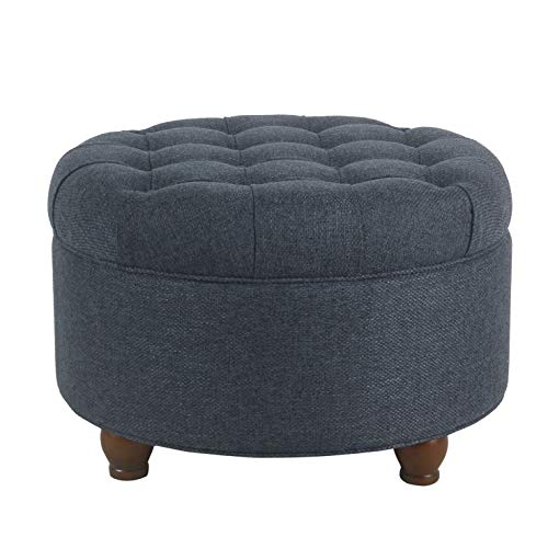 Homepop Home Decor | Large Button Tufted Woven Round Storage Ottoman | Ottoman with Storage for Living Room & Bedroom (Navy Woven) 25 inch D x 25 inch W x 15 inch H