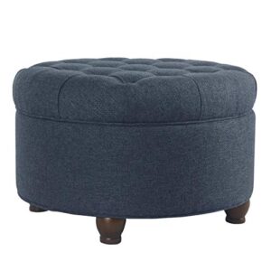 Homepop Home Decor | Large Button Tufted Woven Round Storage Ottoman | Ottoman with Storage for Living Room & Bedroom (Navy Woven) 25 inch D x 25 inch W x 15 inch H