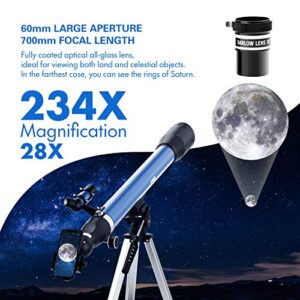 Aomekie Telescope for Adults Astronomy Beginners 700mm Focal Length 234X Magnification Travel Scope Refractor Telescopes with Adjustable Tripod 10X Phone Adapter Erect Finderscope and Carrying Bag