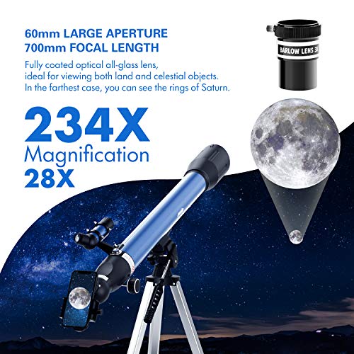 Aomekie Telescope for Adults Astronomy Beginners 700mm Focal Length 234X Magnification Travel Scope Refractor Telescopes with Adjustable Tripod 10X Phone Adapter Erect Finderscope and Carrying Bag